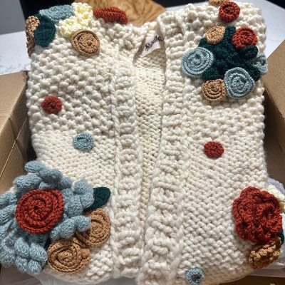 Handmade Knit Cardigan, Chunky Embroidered Cardigan, Crop Cardigan ...