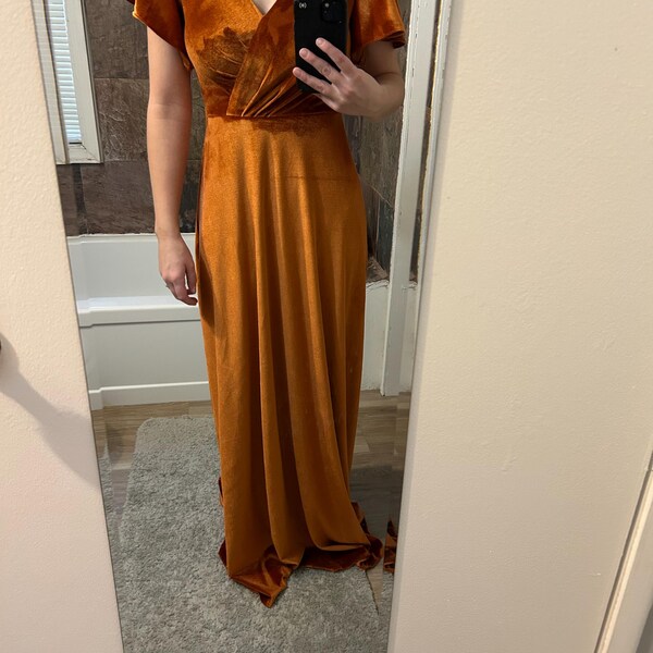 Burnt Orange Short Sleeves Velvet Bridesmaid Maxi Dress for Autumn and ...