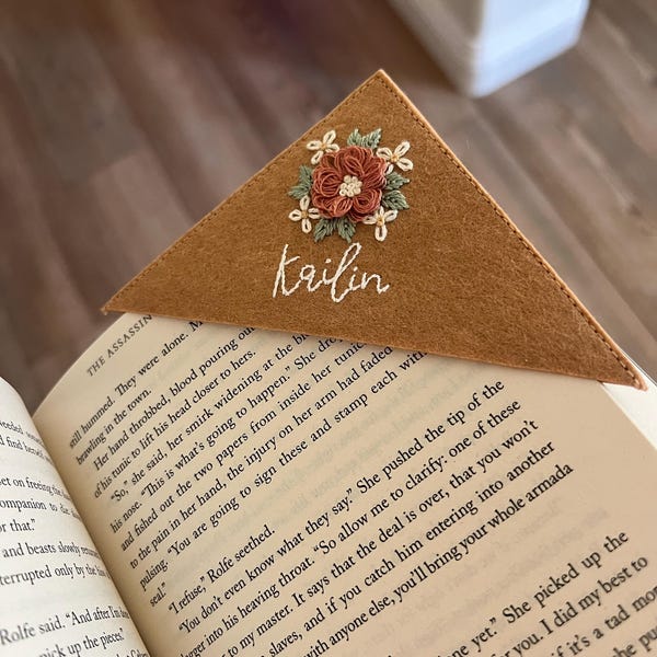 Personalized Felt Corner Bookmark: Hand Embroidered Floral Design - Etsy