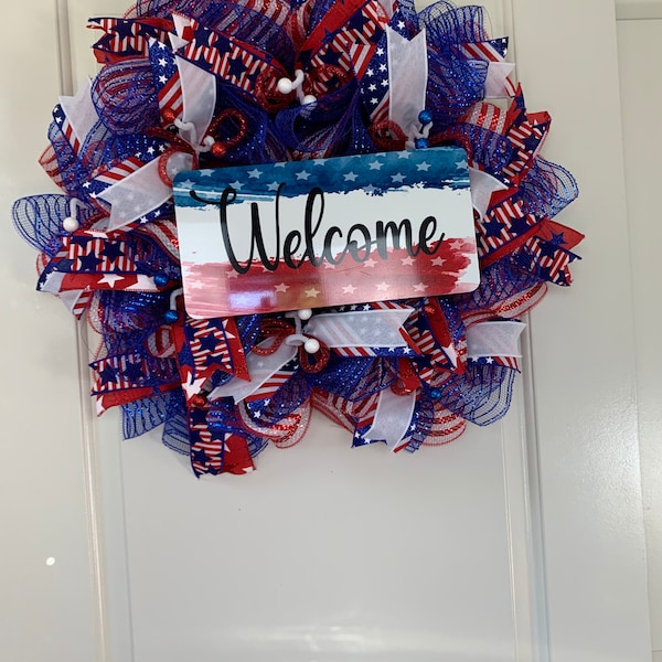 Red White and Blue Welcome _wreath Sign - Etsy