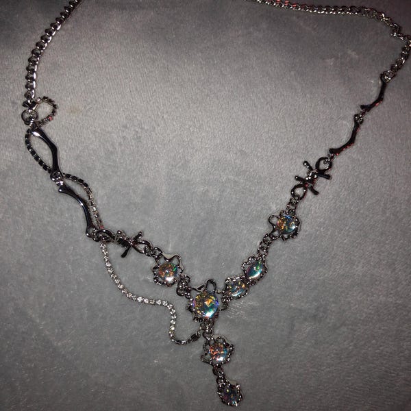 Silver Moonstone Gothic Style Y2k Chain Necklace, Green Gem Stone ...