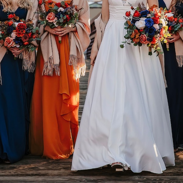 Wedding Bouquet With Navy Blue and Rust Orange Flowers, Bridesmaids ...