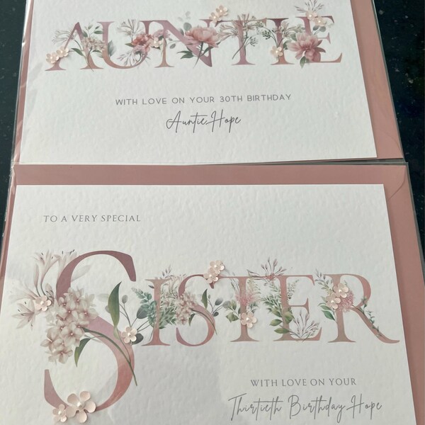 Personalised Handmade Sister Birthday Card, Happy Birthday Sister, Green Floral, 30th, 40th ...