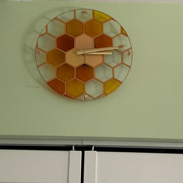 Honeycomb Kitchen Clock With Small Bees on Hands - Stain Glass Yellow ...