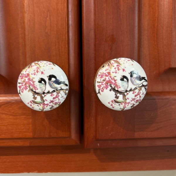 Bird and Blossom Drawer Knobs in Blue or Pink - Bird and Branch Cabinet Knobs - Ceramic Knob ...