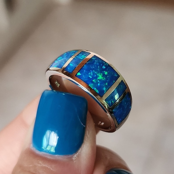 Sterling Silver Blue Fire Opal Inlay Ring Hawaiian Blue Opal Gemstone ...
