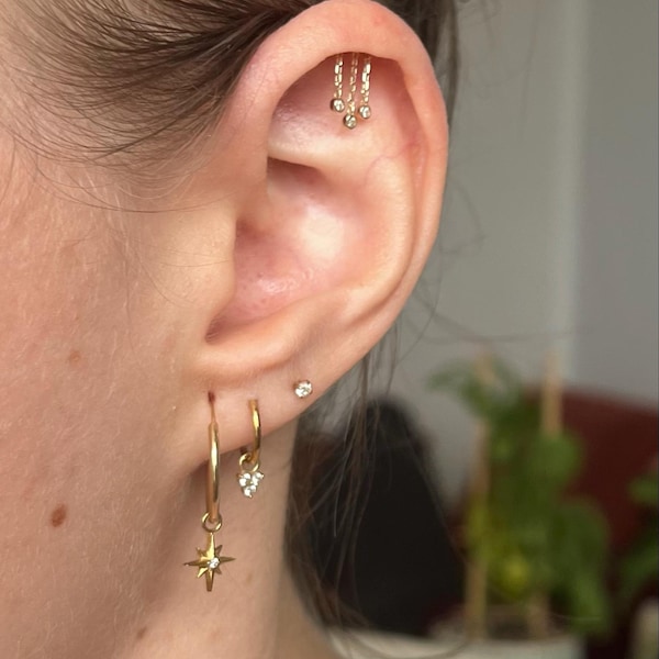 14k Solid Gold Bar Drape Chain Earring Cartilage Chain Piercing Helix ...