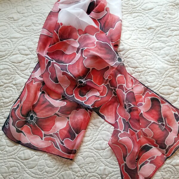 Red Poppies Silk Scarf, Handpainted Silk Scarves, Vivid Red Poppy Scarf ...