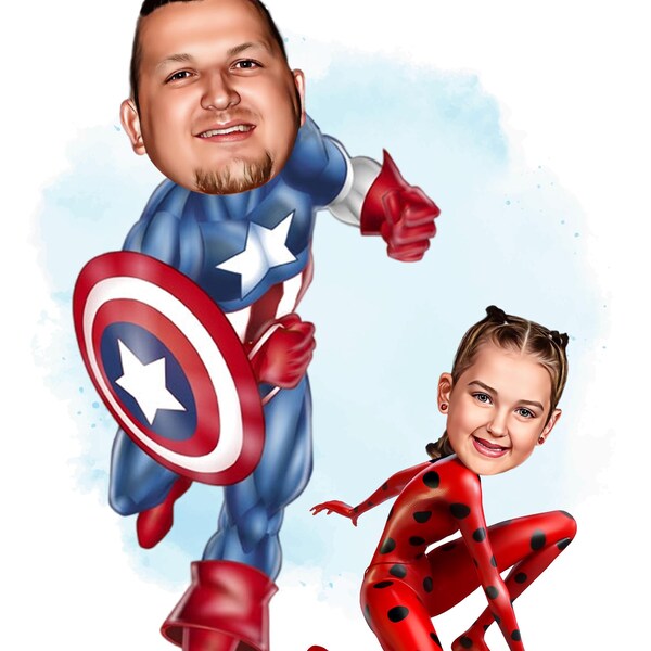 Custom Super Dad and Son Cartoon Portrait, Super Dad Portrait, Dad's ...