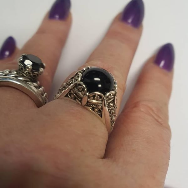 Black Onyx Silver Gothic Cocktail Ring, 925 Sterling Silver Artisan ...
