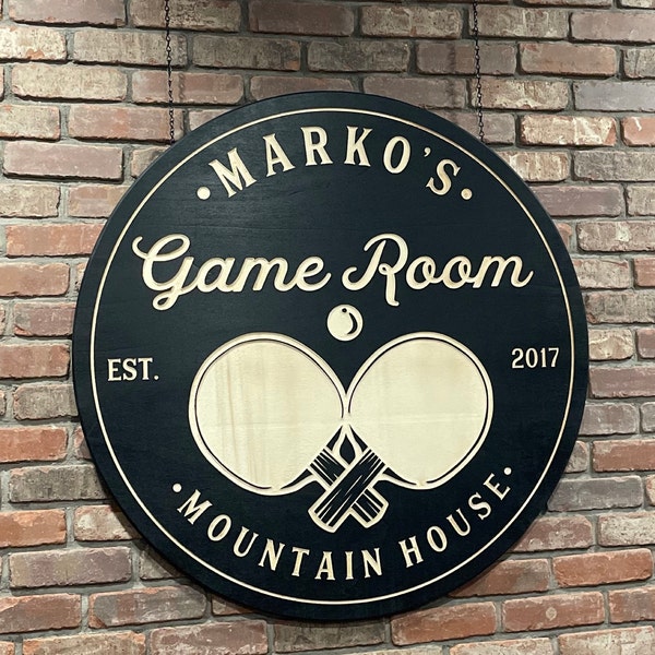 Game Room Sign, Man Cave, Personalized Signs, Ping Pong, Round Wood ...
