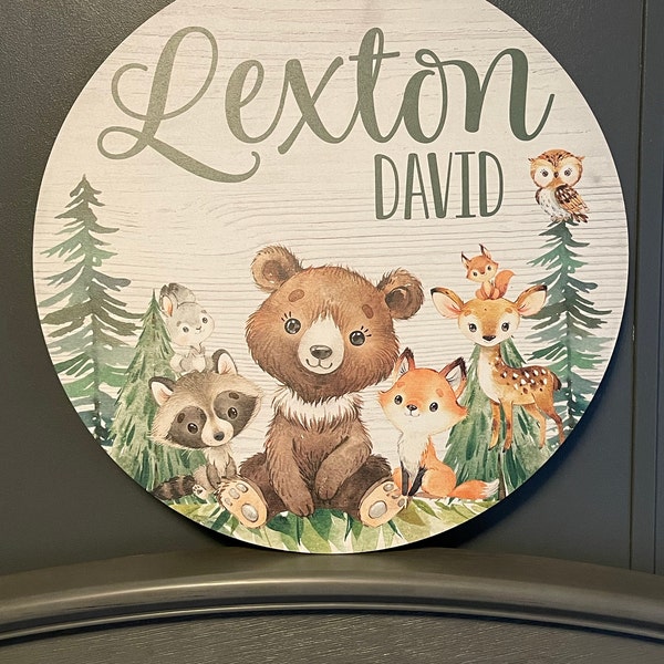 Woodland Animal Name Sign, Woodland Nursery Baby Sign, Round Wood Name ...