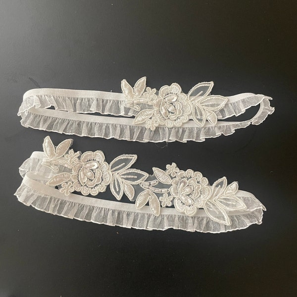 Wedding Garter Set, Ivory Embroidery Flower With Ruffle Elastic Garter ...