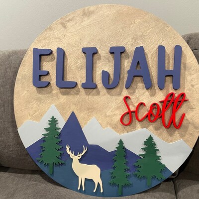 Mountain Scene Name Sign Woodland Nursery Theme Round 3D - Etsy