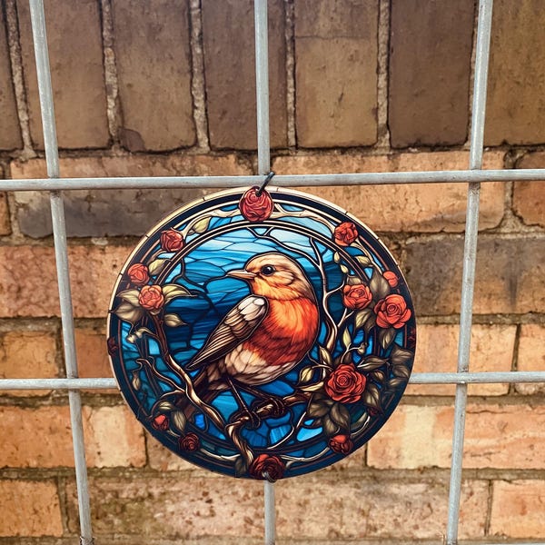 Metal Robin Sign in Faux Stained Glass Effect - Vibrant Garden Décor or ...