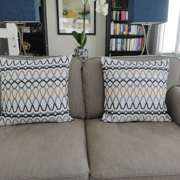 Scion - Ada - Shale / Denim / Ochre - Striking Embroidered Cushion ...