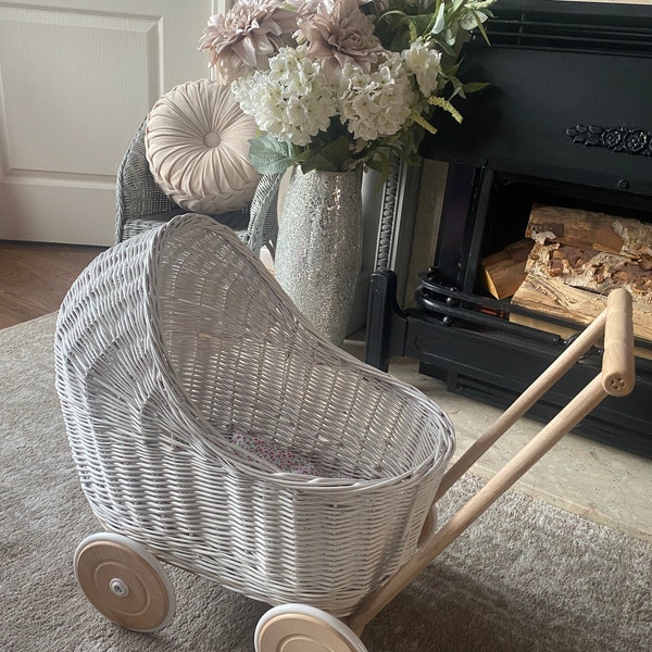 CUSTOMISABLE Handmade Natural Wicker Rattan Dolls Pram, Choose Your ...