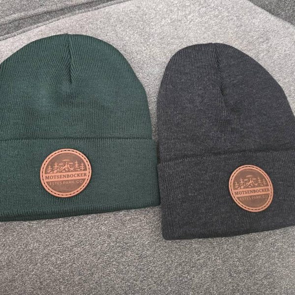 Leather Patch Beanies | Custom Engraved Logo Beanie, Real Leather ...