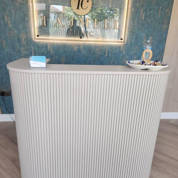Luxury Curved Reception Desk With Pencil Pleated Front and Gold Trim ...