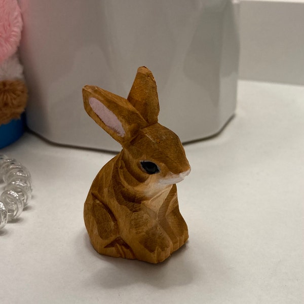 Brown Rabbit Bunny Miniature Wood Figurine Garden Statue Small Animal ...