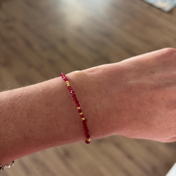 Ruby Tiny Bead Bracelet Red Gemstone Skinny Bracelet Delicate Bracelet 2MM Stone Bead Minimalist ...