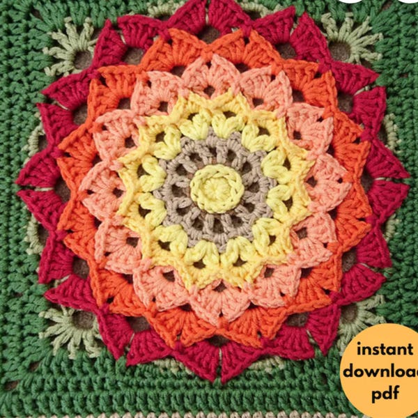 Sunset Mandala Crochet Square Pattern PDF – Vibrant 3D Granny Square ...