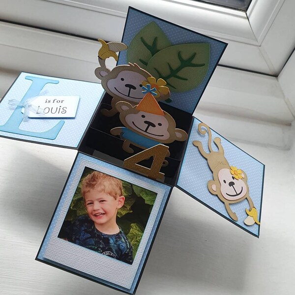 Personalised Monkey Box Card, Pop up Monkey Birthday Card - Etsy