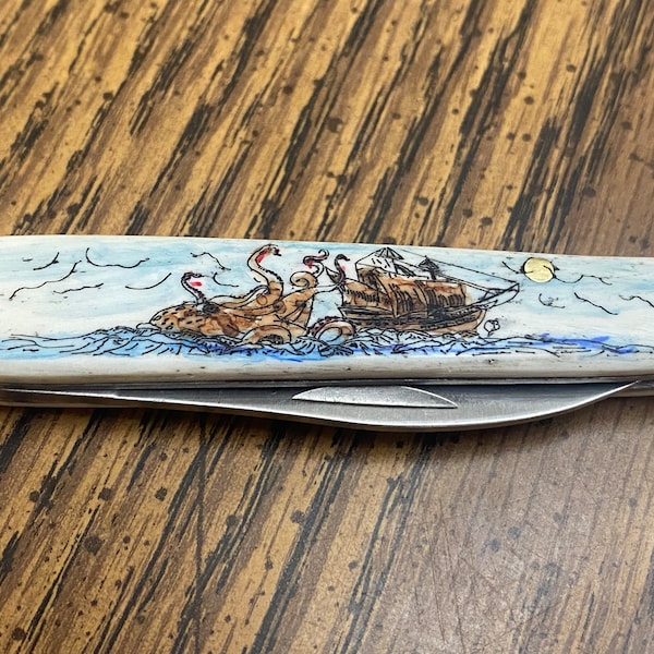 Etched Octopus and Ship Colored Design Scrimshaw Collection Letter ...