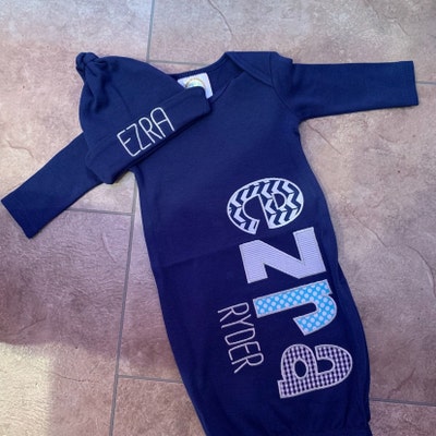 Personalized Navy Baby Gown and Hat. Grey, Aqua and Navy. Baby Coming ...