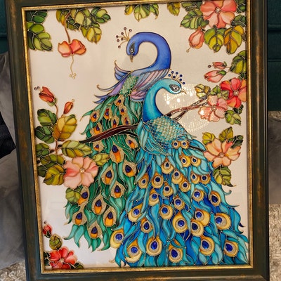 Peacock Stained Glass Painting Original Painting With Beads Glass Wall ...