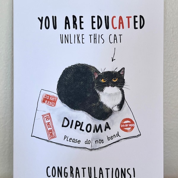 Cat Bent Diploma Funny Graduation Card 2025 - Texedo Cat Graduation ...