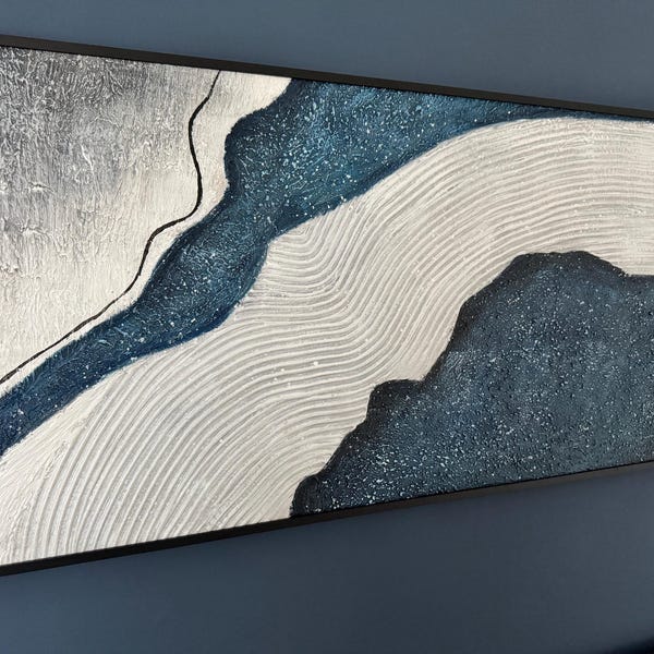 Navy Blue Gray Abstract Ocean Painting Horiztonal Dark Blue 3D Plaster Textured Art Original ...