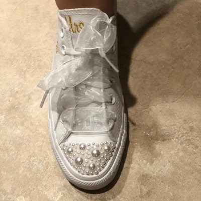 Pearl Toe Wedding Sneaker, Ribbon Laces, Bling, Bride Shoes, Wedding ...
