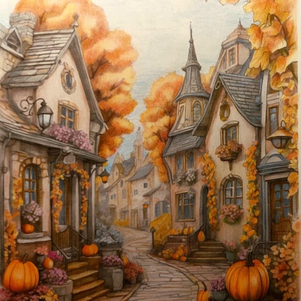 50 Autumn Villages Coloring Pages, Cozy Village Grayscale Coloring Book ...