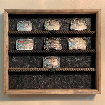 Rustic Glass Door Western Buckle Display Holds 14 Trophy Rodeo Buckles ...