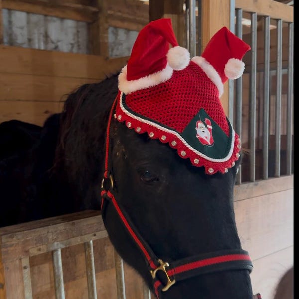 Hand Made Christmas Santa Claus Horse Ear Bonnet Fly Veil Cotton ...