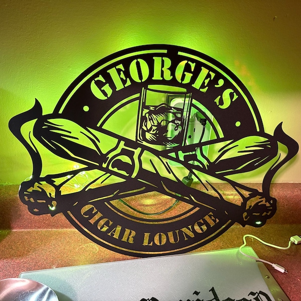 Custom Cigar Lounge Metal Wall Art LED Light Personalized Smoking Cigar ...