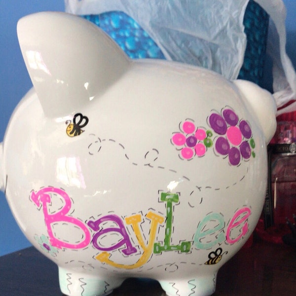 Custom Hand-painted Piggy Bank for Girls - Personalized Flowers ...