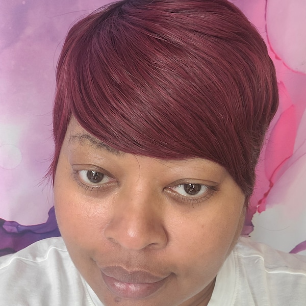 WIG/ Short/ Human Hair With CHOPPY Feathered Bang Burgundy Maroon W ...