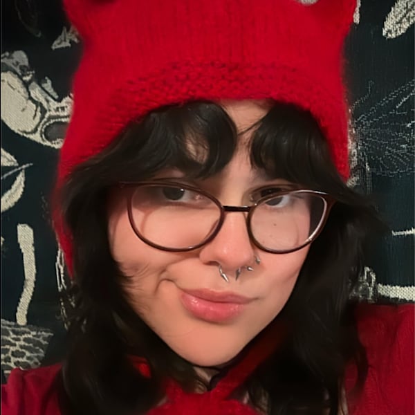 Devil Bonnet Red Knit Cat Bonnet Cat Ears Hat Mohair Knit Adult Bonnet ...