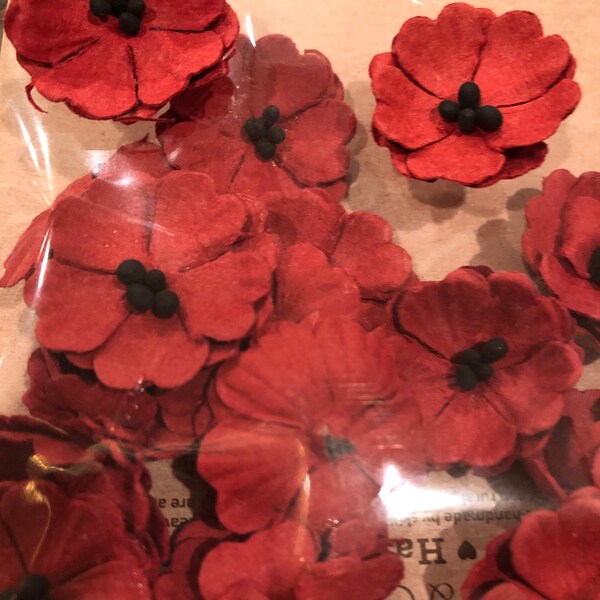 16pc Deep Red Handmade Paper Poppies, 28mm (1 1/8in) Wide *sold per ...