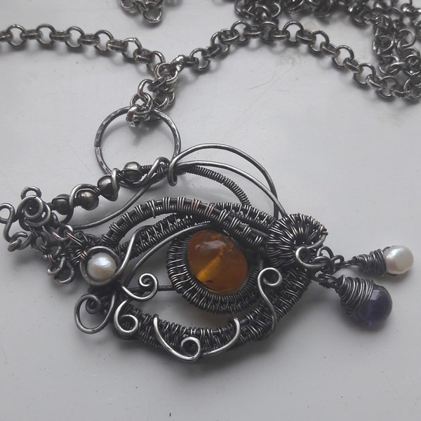 Herkimer Diamond Shard Crescent Moon Pendant, Copper Celestial Necklace ...