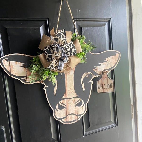 Cow Door Hanger - Cow Print Wreath - Cow Tag Door Hanger - Personalized ...