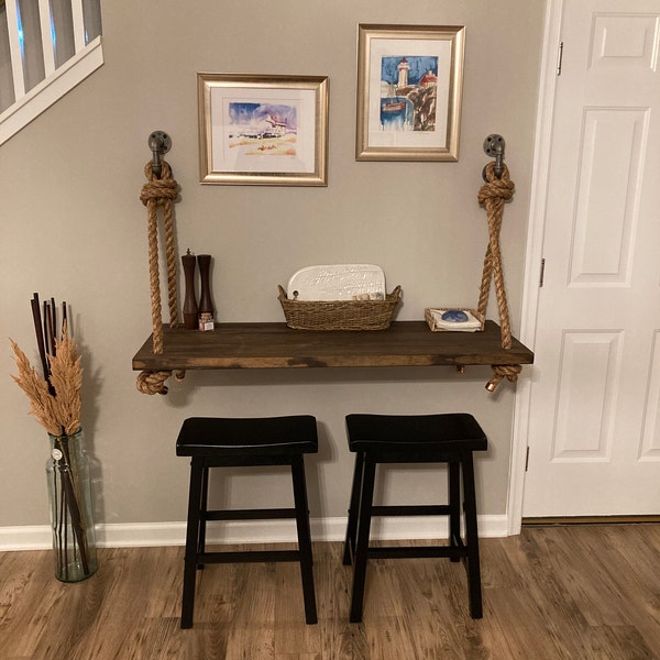 Rope & Pipe Desk - Farmhouse Suspended Wood - Wall Mounted - Standing ...