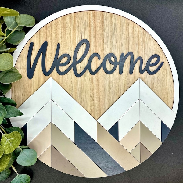 Geometric Mountain Welcome Sign, Digital Download, Round Door Hanger ...