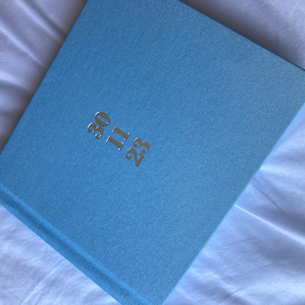 Sky Blue Linen Wedding Lay Flat Guest Book | Gold Lettering | Gold ...