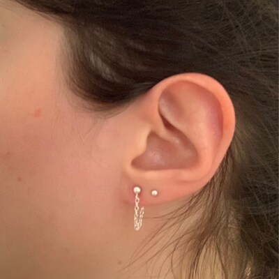 Double Piercing Earring Two Stud Chain Earring Sterling Silver Double ...