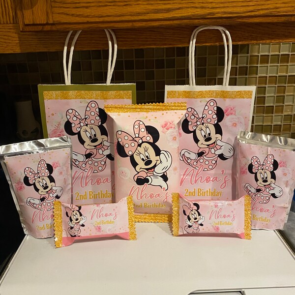 Minnie Pink and Gold Party Favors, Bottle Wrapper, Chip Bag, Juice ...