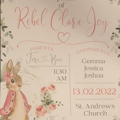 Flopsy Rabbit Personalised Welcome Sign Christening Sign, Baptism Kids ...