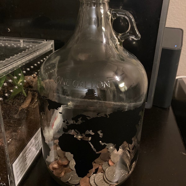 World Map Money Jar Travel Fund - 1 Gallon Glass Jug With World Map in ...